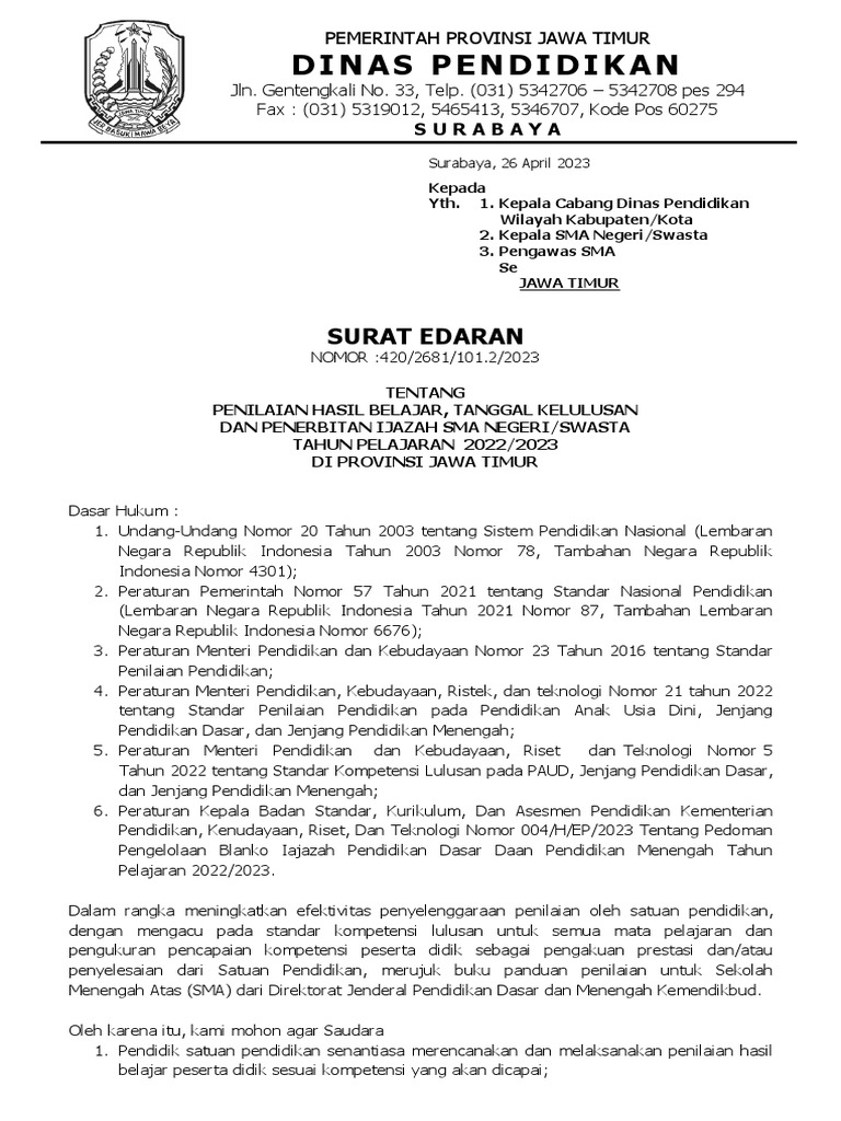 Surat Edaran Kelulusan Sma Provinsi Jawa Timur Tahun Pelajaran 2022 ... Surat Edaran Kelulusan Sma Provinsi Jawa Timur Tahun Pelajaran 2022 ...