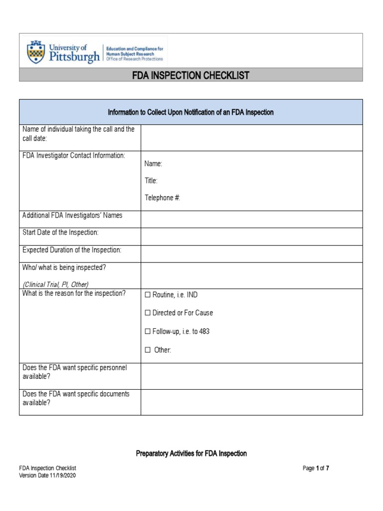 FDA Inspection Preparation Checklist | PDF | Food And Drug ...