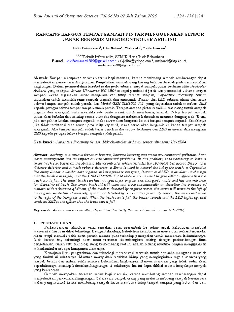 Rancang Bangun Tempat Sampah Pintar Menggunakan Sensor Jarak Berbasis Mikrokontroler Arduino | PDF