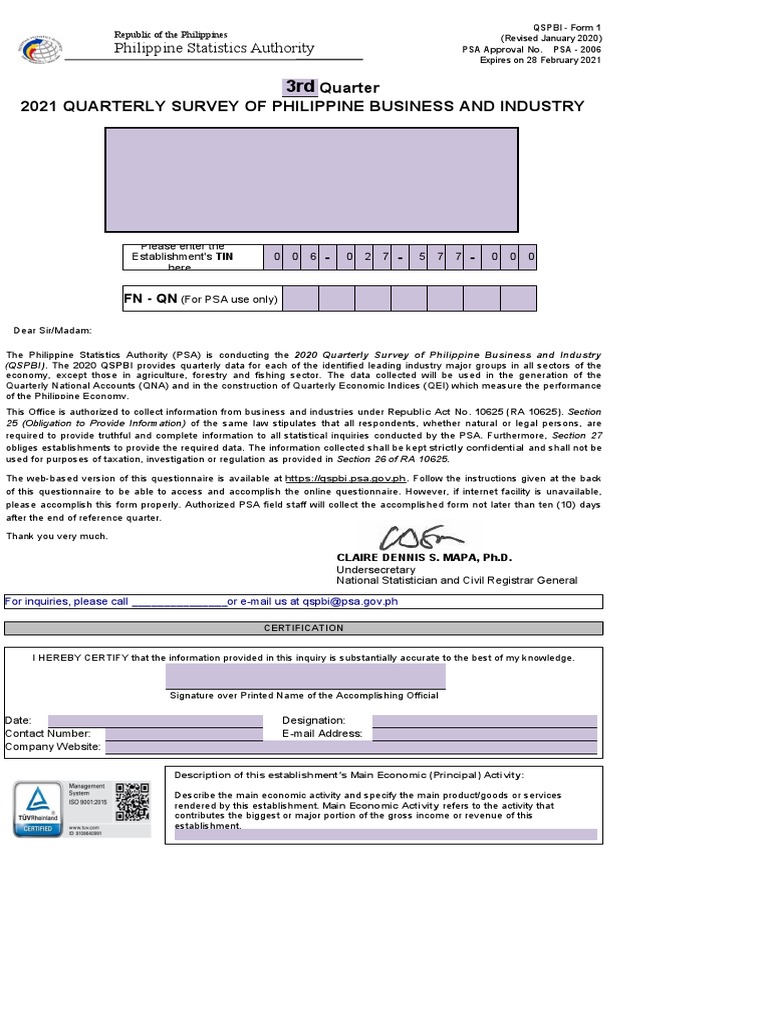 2021 QSPBI Questionnaire - Excel Format | PDF