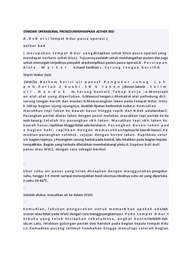 Standar Operasional Prosedurmenyiapkan Aether Bed | PDF
