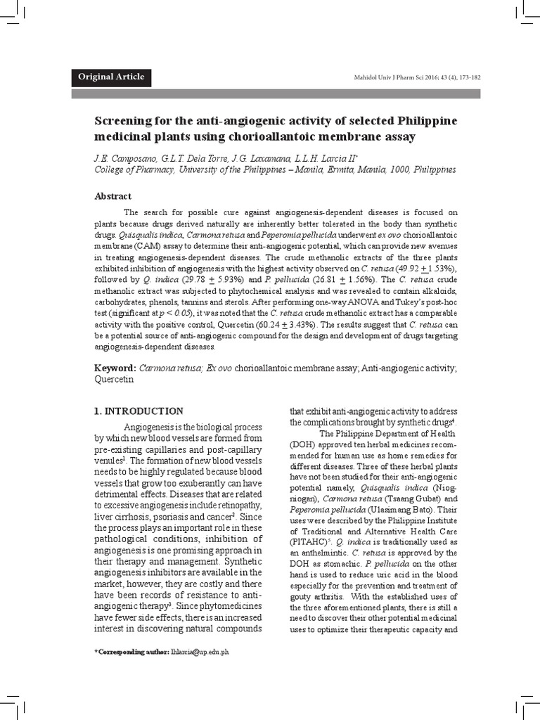 Screening For The Anti-Angiogenic Activity of Selected Philippine | PDF