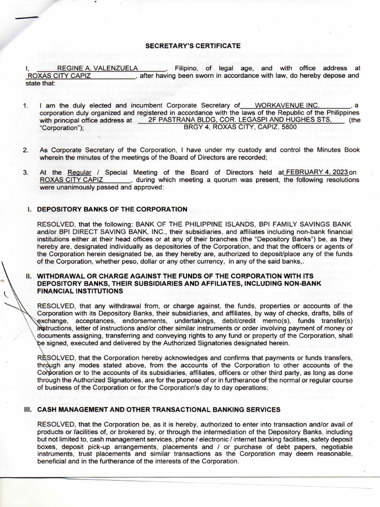 Secretary Certificate - BPI | PDF