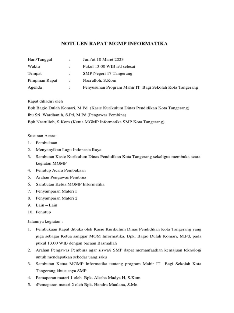 Notulen Kegiatan MGMP Informatika | PDF