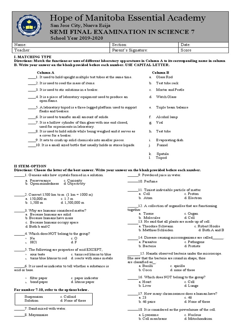 Science 7 Semi-Final Exam Review | PDF | Liquids | Electric Current
