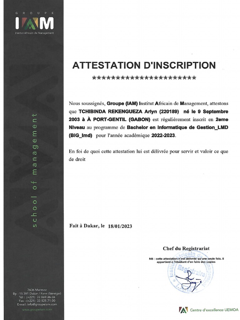 Attestation D'inscription | PDF Attestation D'inscription | PDF
