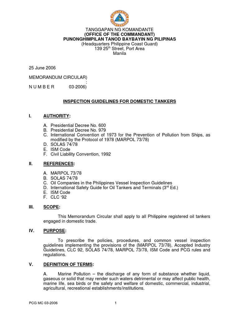 Guidelines For Inspecting Domestic Oil Tankers PDF Oil Tanker Ships
