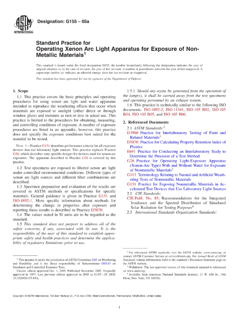 ASTM G 155-05a Standard Practice For Operating Xenon Arc Light ...