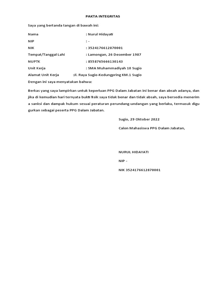 Template Pakta Integritas PPG 2022 | PDF
