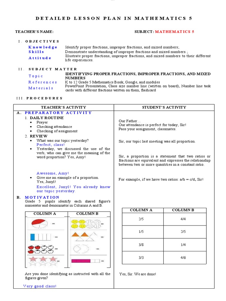 Exemplar Lesson Plan in Math 5 Fractions | PDF