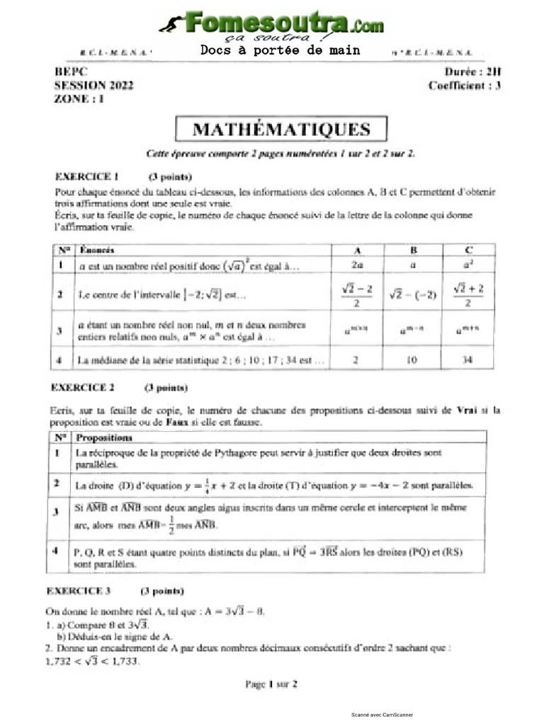Sujet Corr Maths Bepc 2022 (Zone 1,2 Et 3) by M.Tehua | PDF
