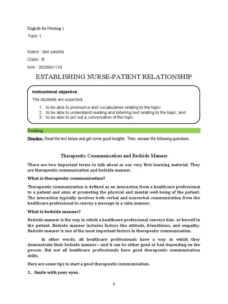 English For Nursing Topic 1 Establishing Nurse-Patient Relationship ...