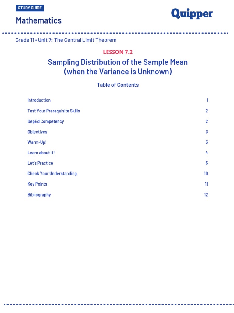 Sampling Distribution of The Sample Mean (When The Variance Is Unknown) | PDF | Standard ...