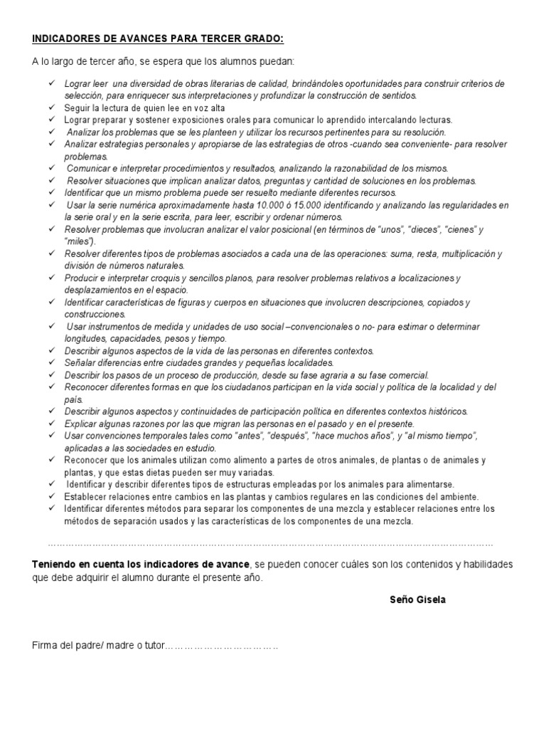 Indicadores de Avances para Tercer Grado | PDF