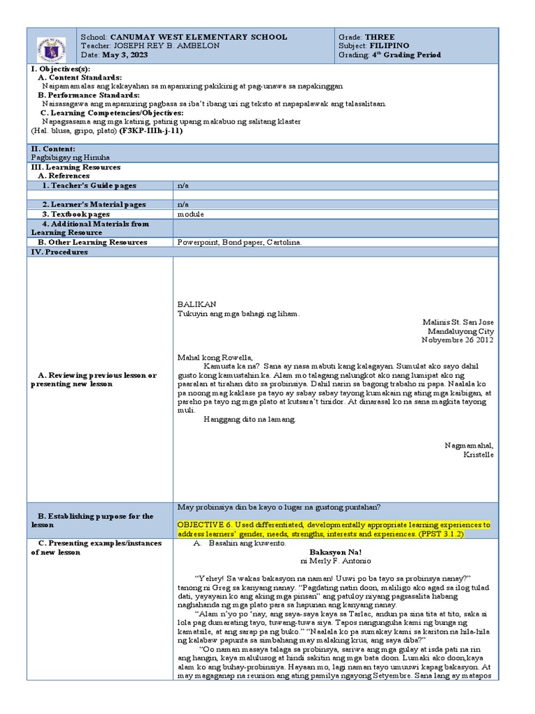 FILIPINO - Q4.W1.D1 (May 3) | PDF