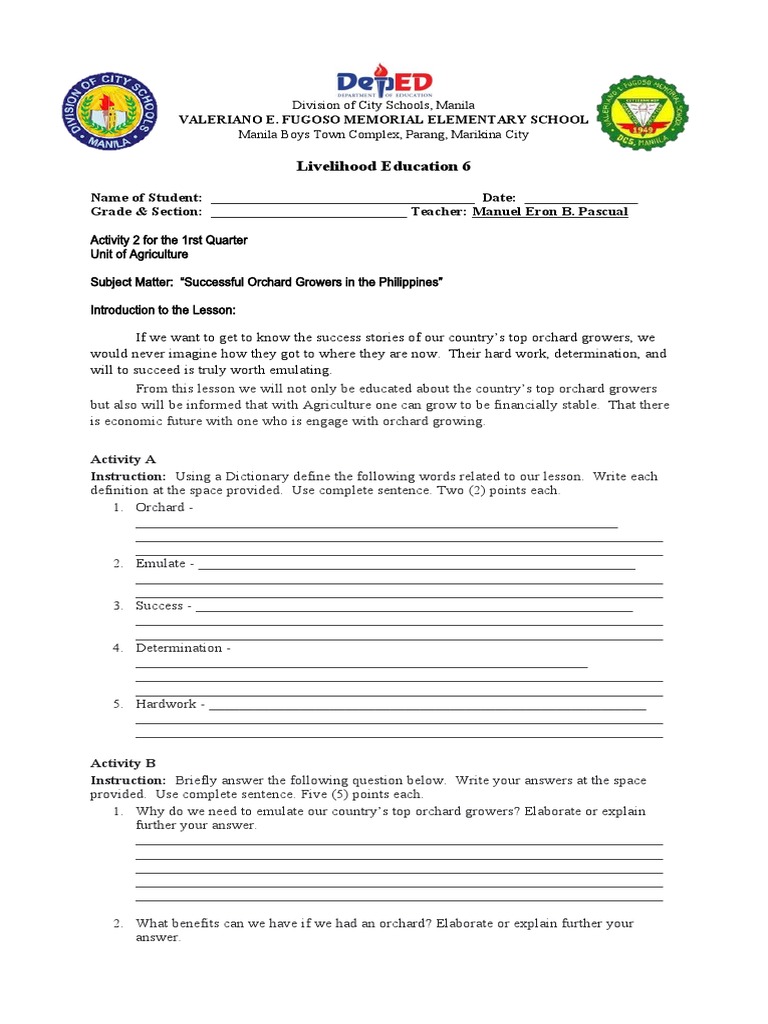 TLE 6 Activity Sheet 2 Agriculture Orchard Growers | PDF | Cognitive ...