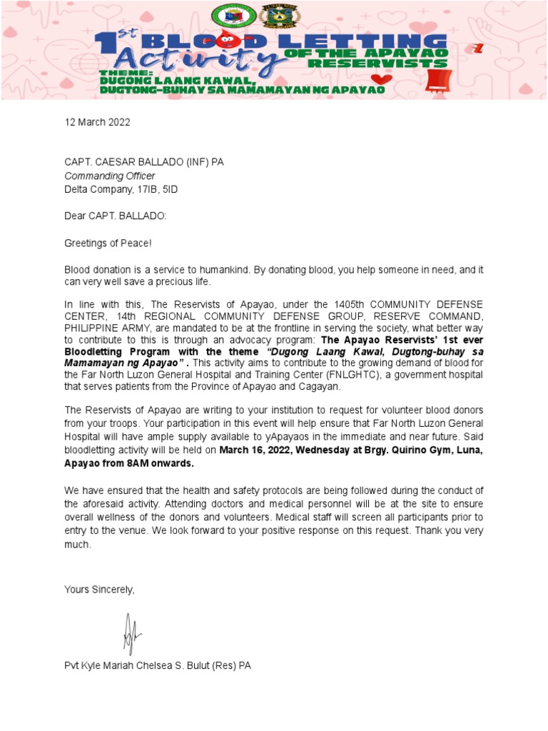 CAPTBallado - Bloodletting Apayao Reservists - Invitation Letter | PDF