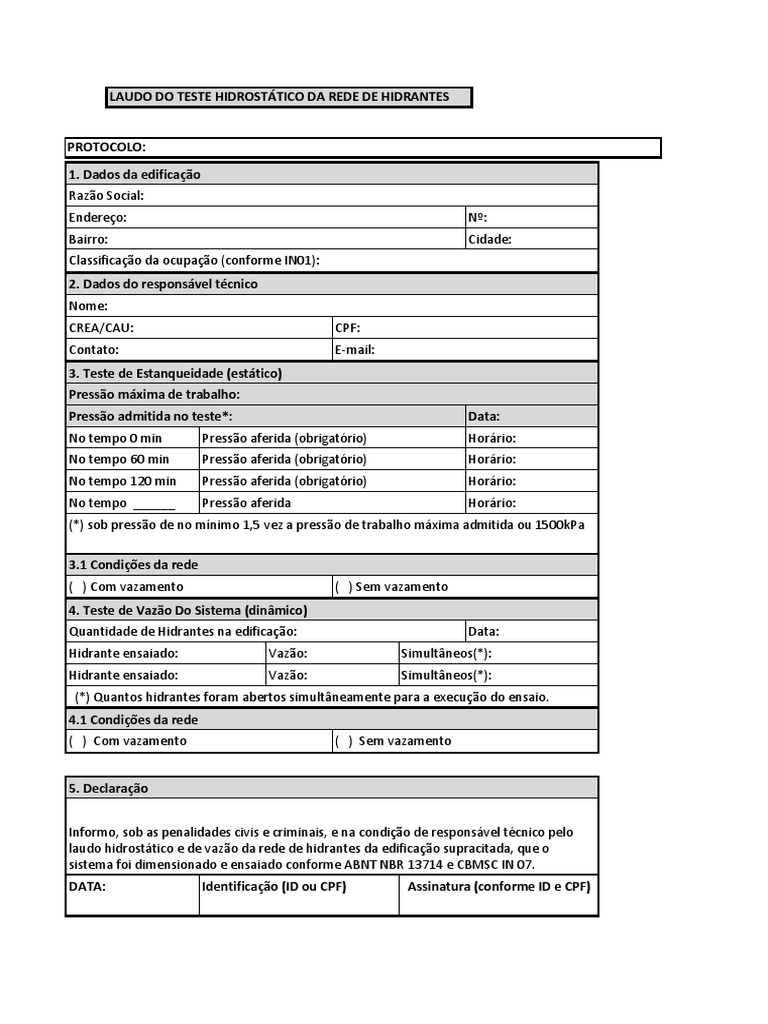 LAUDO DO TESTE HIDROSTÁTICO DA REDE DE HIDRANTES | PDF