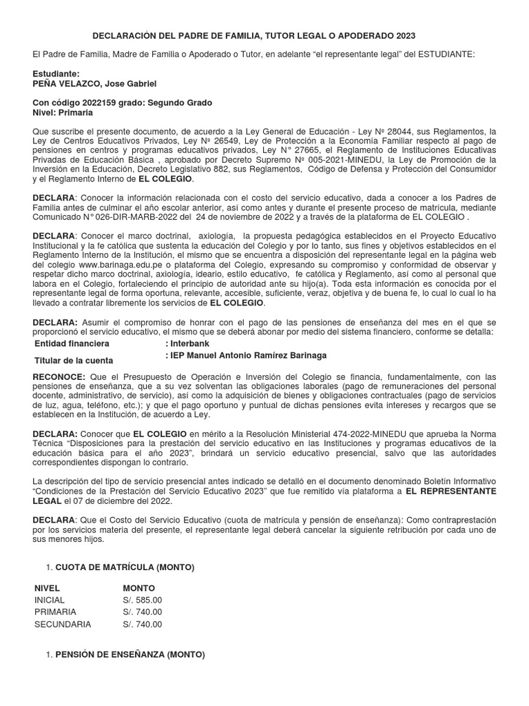 Declaración jurada del padre de familia tutor legal o apoderado | PDF