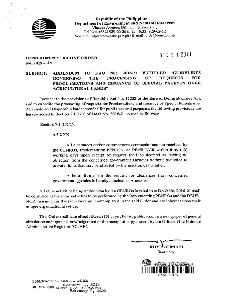 DAO 2019-25 addendum Proclamation | PDF