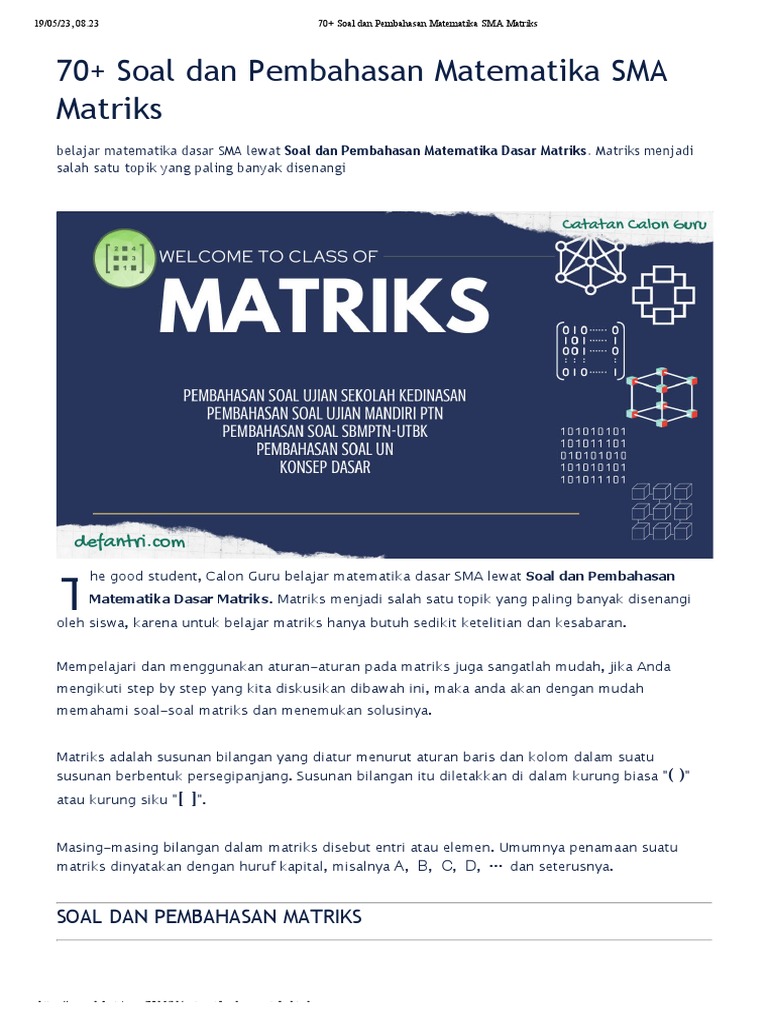 70+ Soal Dan Pembahasan Matematika SMA Matriks | PDF