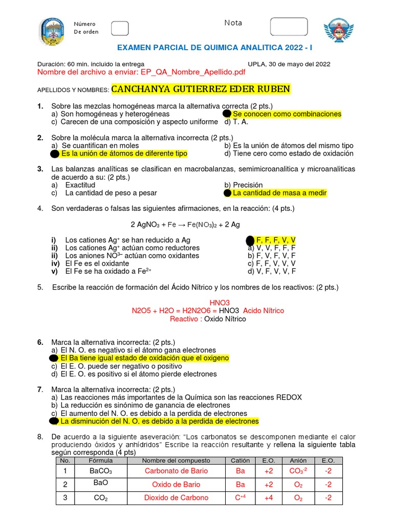 Examen Parcial Quimica Analitica 2022 Listo | PDF | Redox | Óxido