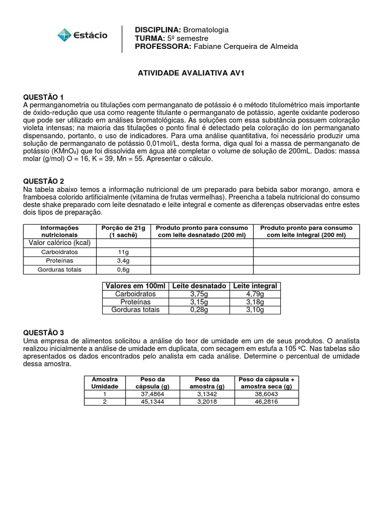 Atividade Avaliativa AV1 - Noite | PDF