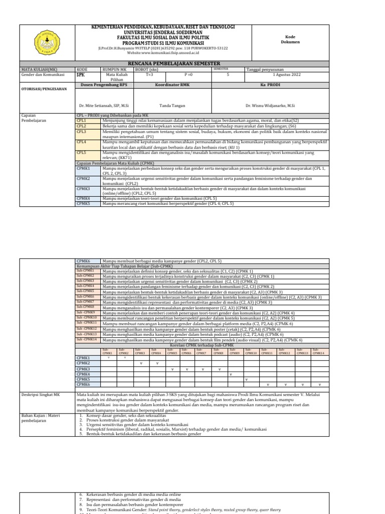 RPS Gender Dan Komunikasi - Contoh RPS Komunikasi Unsoed | PDF