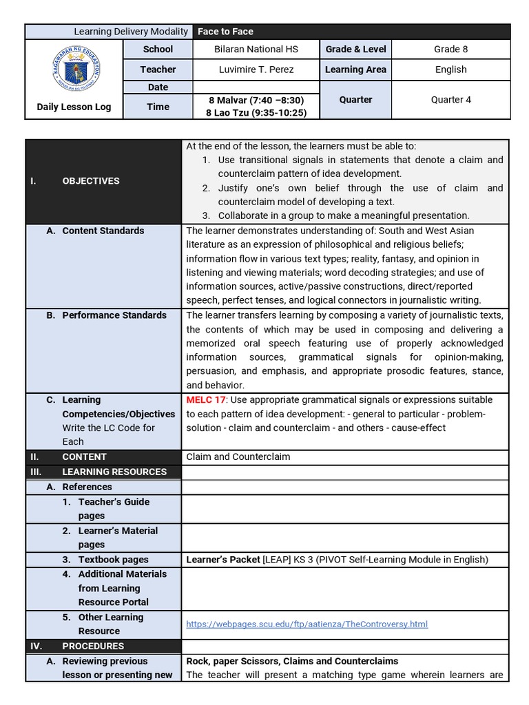 DLL Q4 Day 5 Week 1 English 8 | PDF