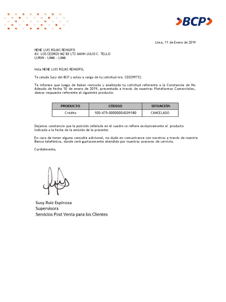 Carta No Adedudo BCP | PDF