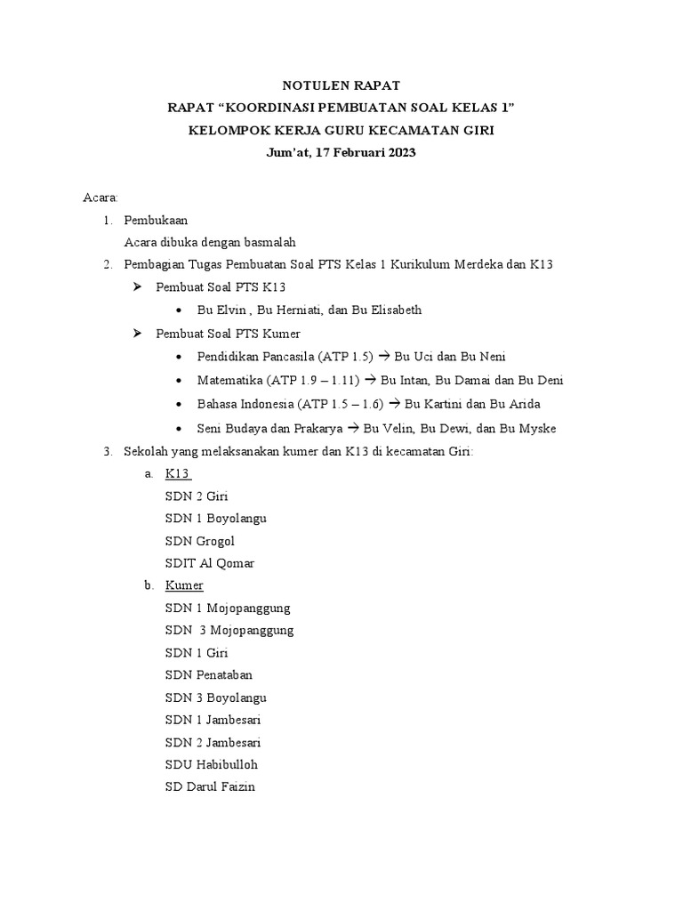 Notulen Rapat Kkg Jum At 17 Feb 2023 Pdf