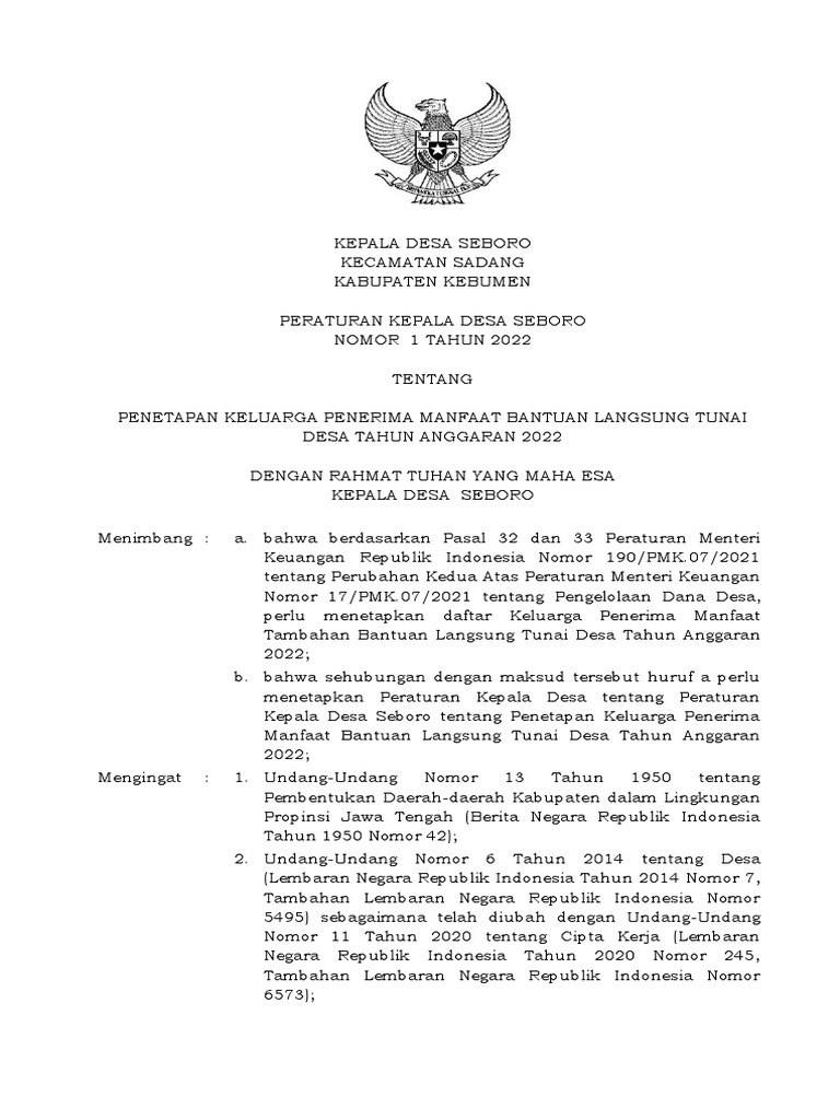 Perkades Penetapan KPM BLT Tahun 2022 Lengkap | PDF