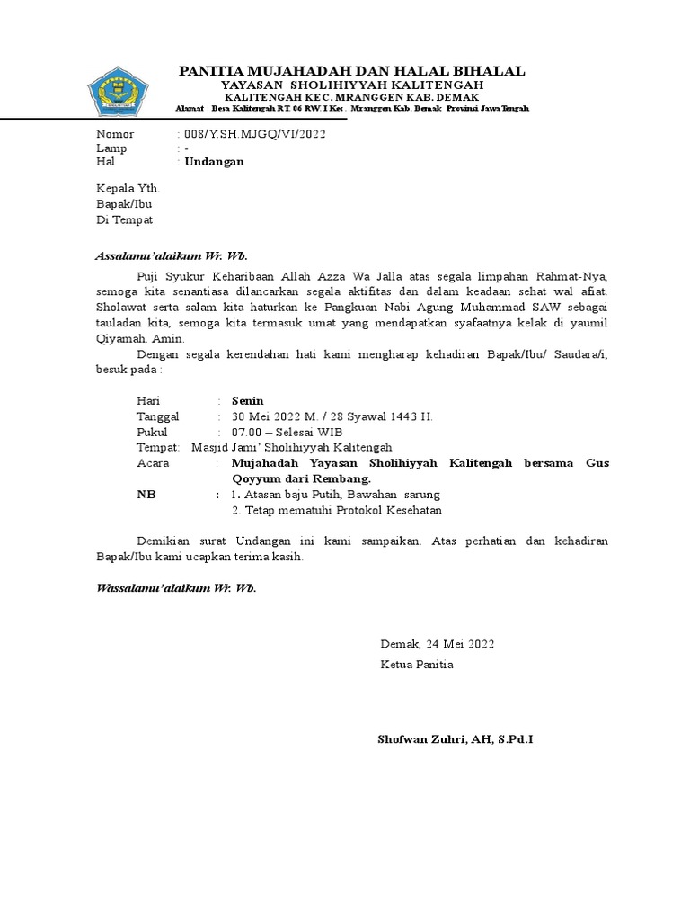 Undangan Mujahadah Yayasan Sholihiyyah | PDF