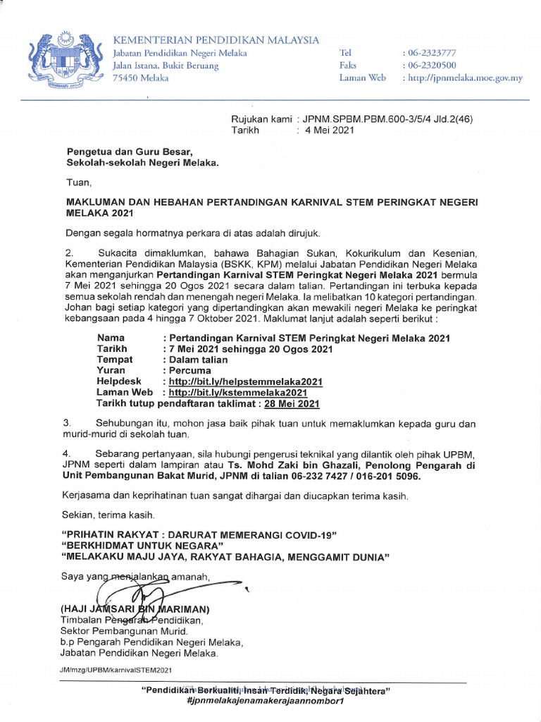 Makluman Dan Hebahan Pertandingan Karnival Stem Negeri Melaka 2021 | PDF