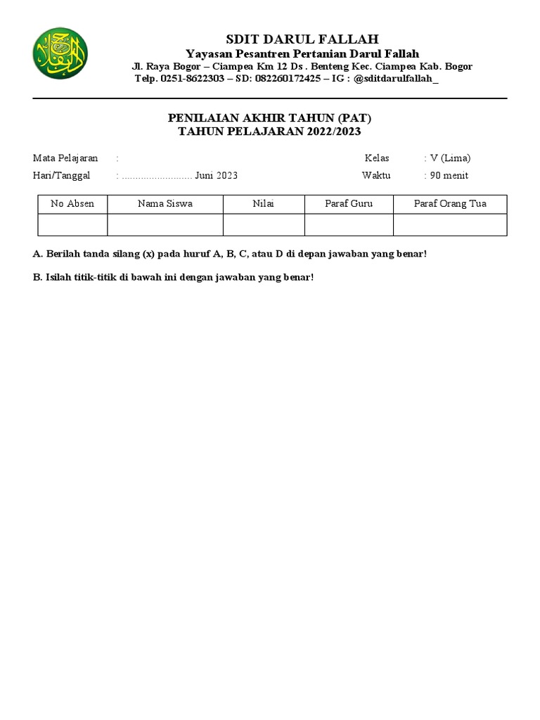 Kop Soal PAT 2023 | PDF