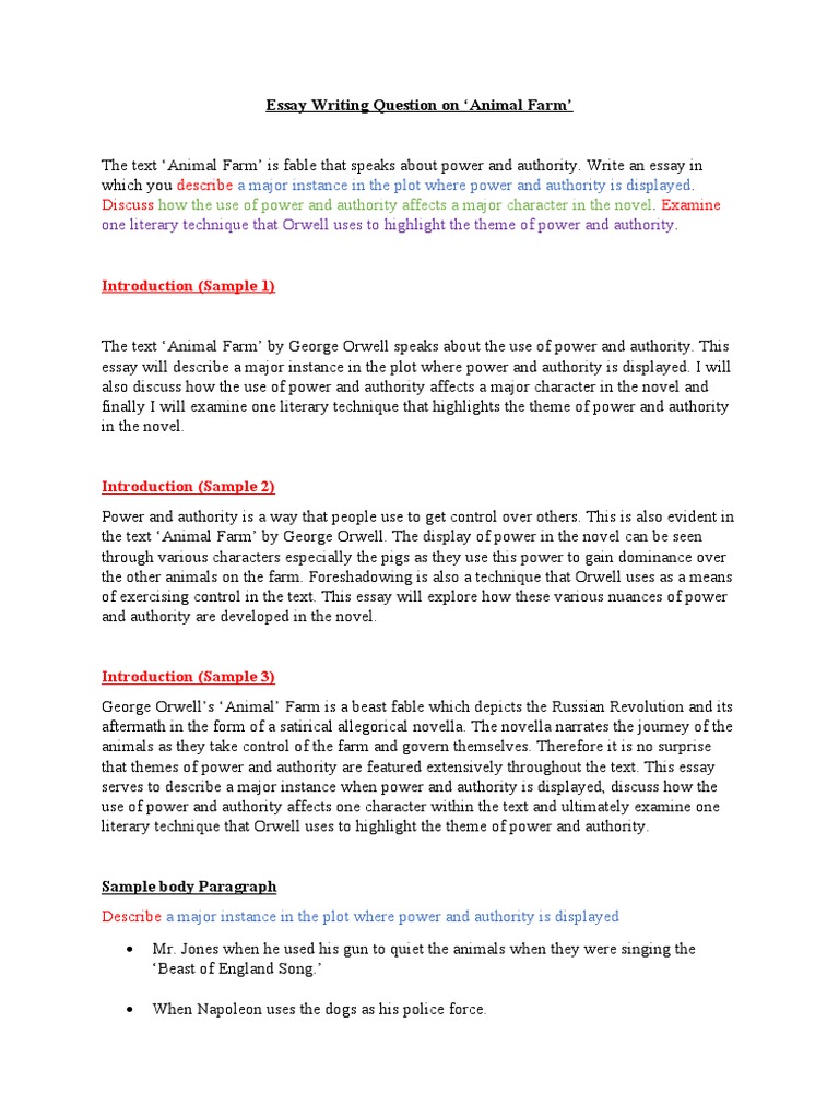 Essay WRITING Question (Animal Farm) | PDF