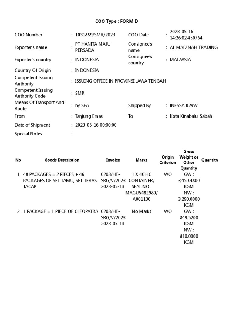 Electronic COO Form D for Export | PDF