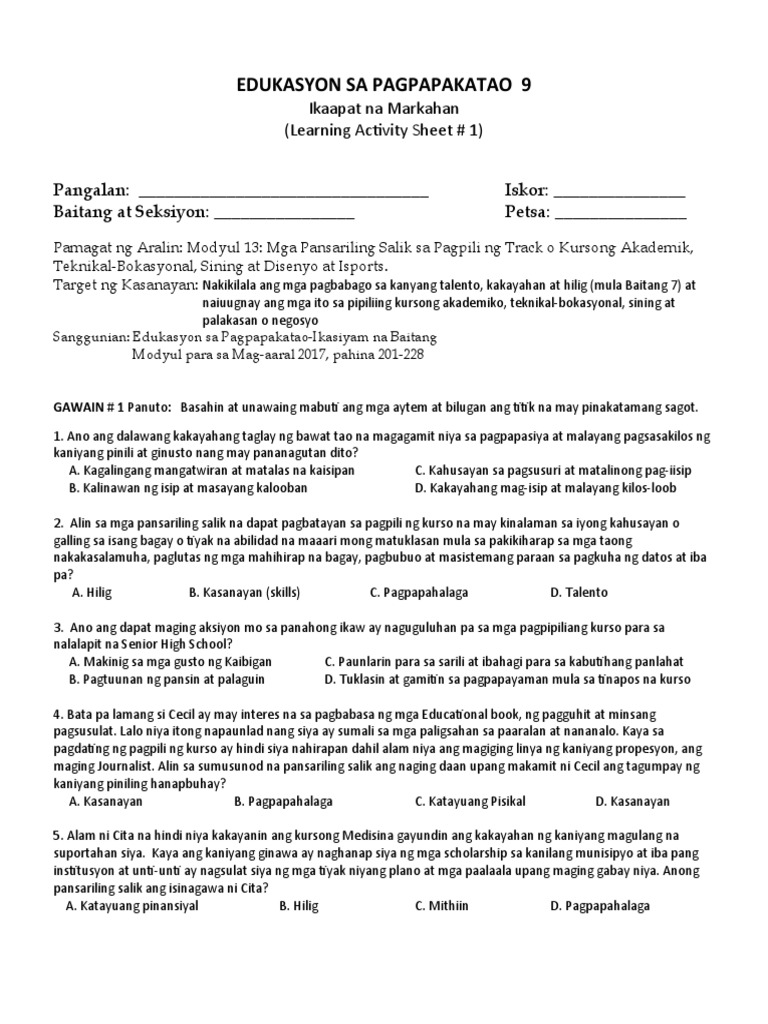 ESP GRADE 9 LAS 1 and 2 4th Quarter 1 | PDF