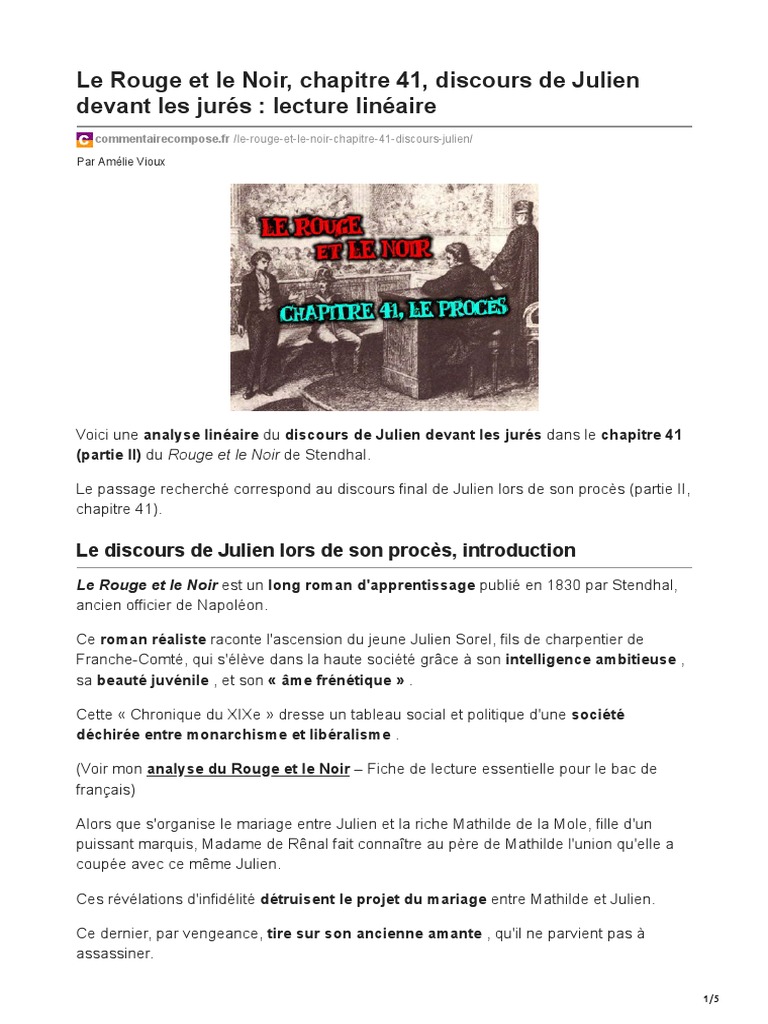 Le Rouge Et Le Noir Chapitre 41 Discours de Julien Devant Les Jurés Lecture Linéaire | PDF