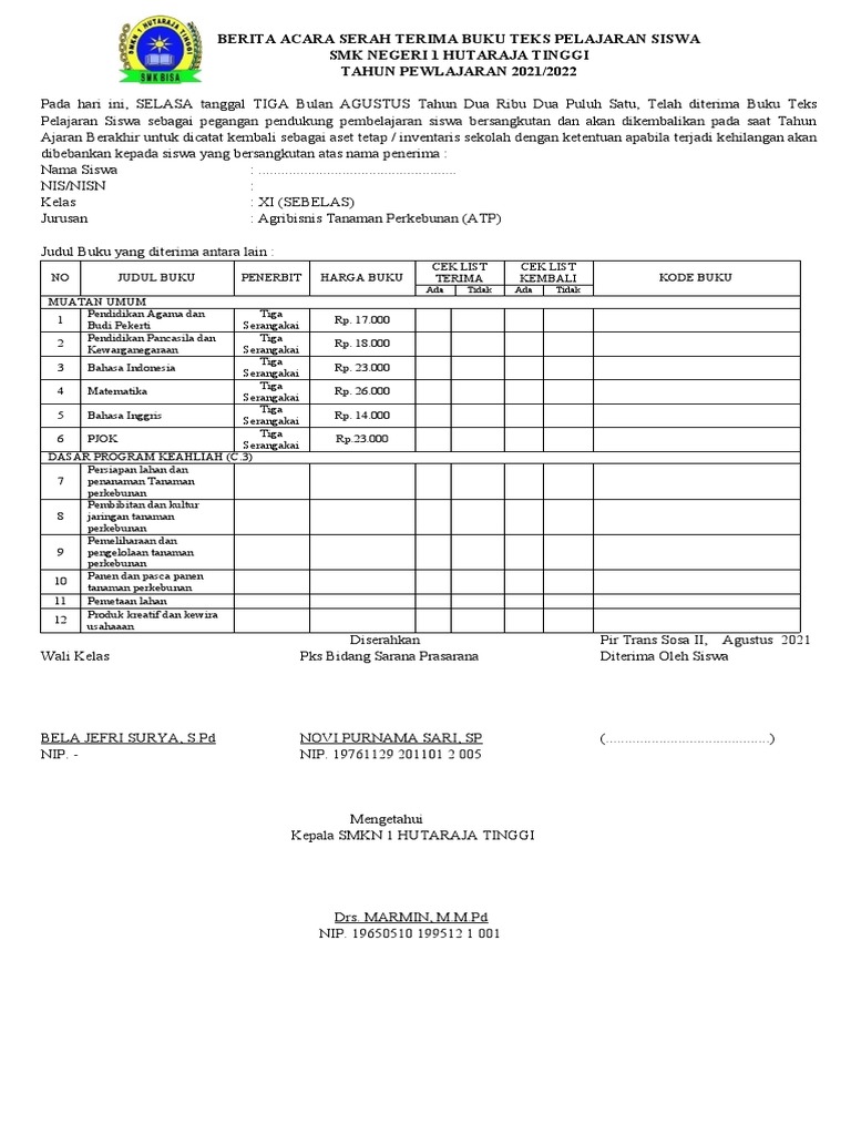 Berita Acara Serah Terima Buku Teks Pelajaran Siswa | PDF