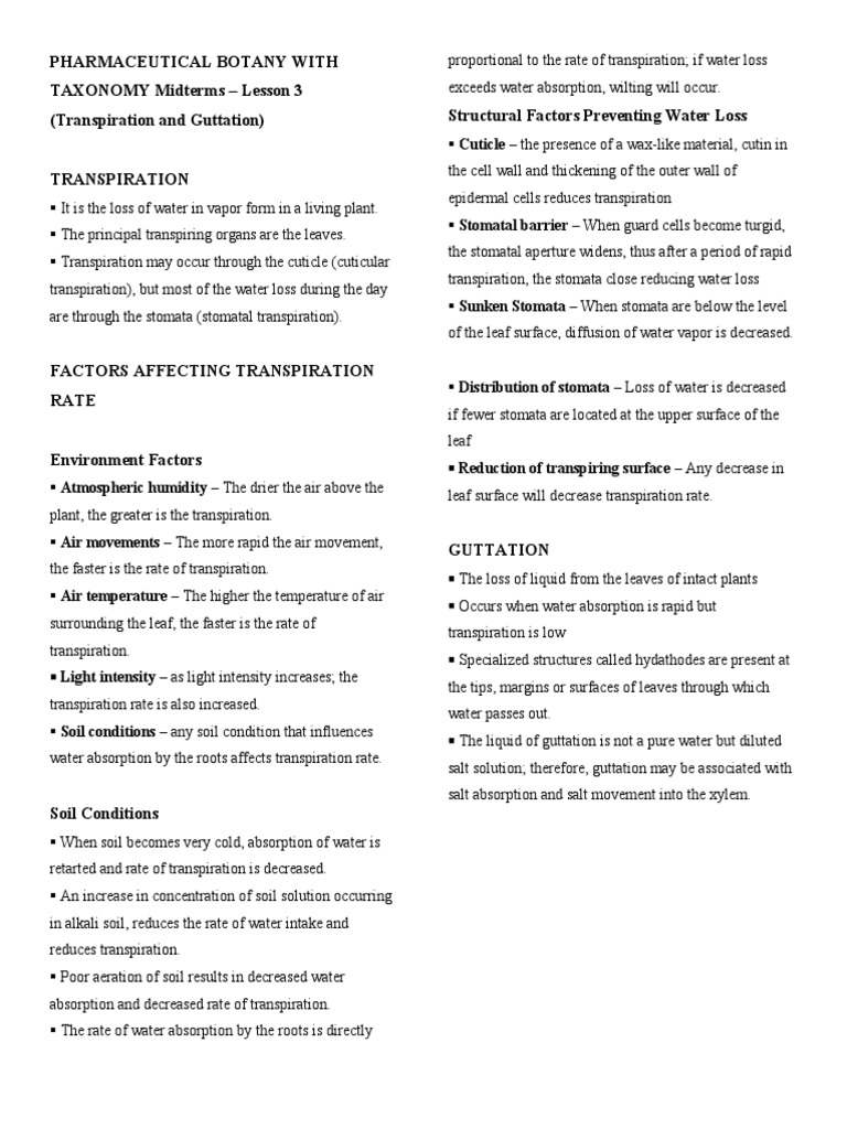 PBOT Midterms - Lesson 3 (Transpiration and Guttation) | PDF