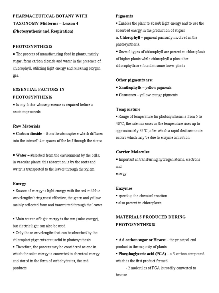 PBOT Midterms - Lesson 4 (Photosynthesis and Respiration) | PDF