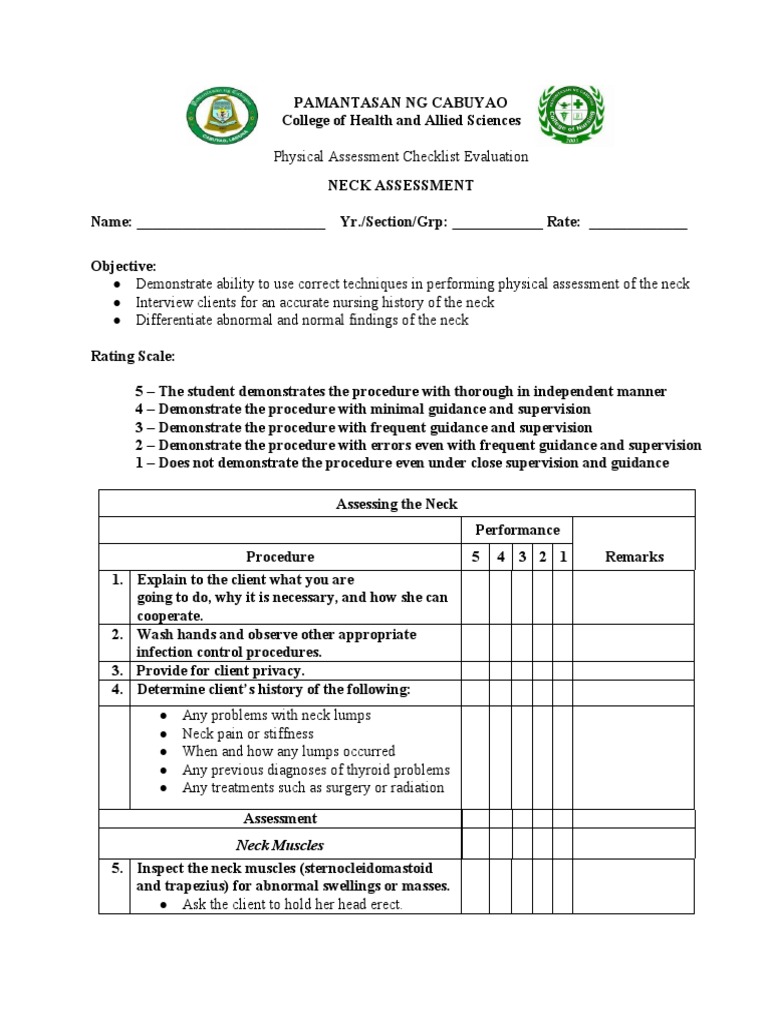 Neck Assessment Evaluation Checklist | PDF