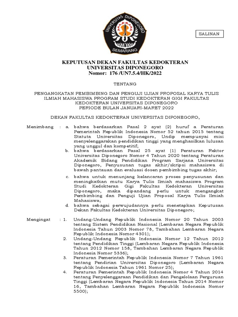 SK No 176 Penguji Proposal KTI S1 Kedokteran Gigi Jan-Maret | PDF