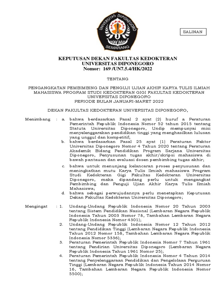 SK No 169 Penguji KTI S1 Kedokteran Gigi Jan-Maret | PDF