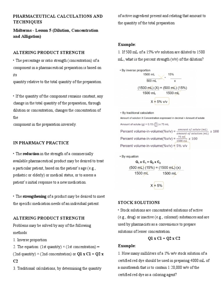 PHCL Midterms - Lesson 5 (Dilution, Concentration and Alligation) | PDF ...
