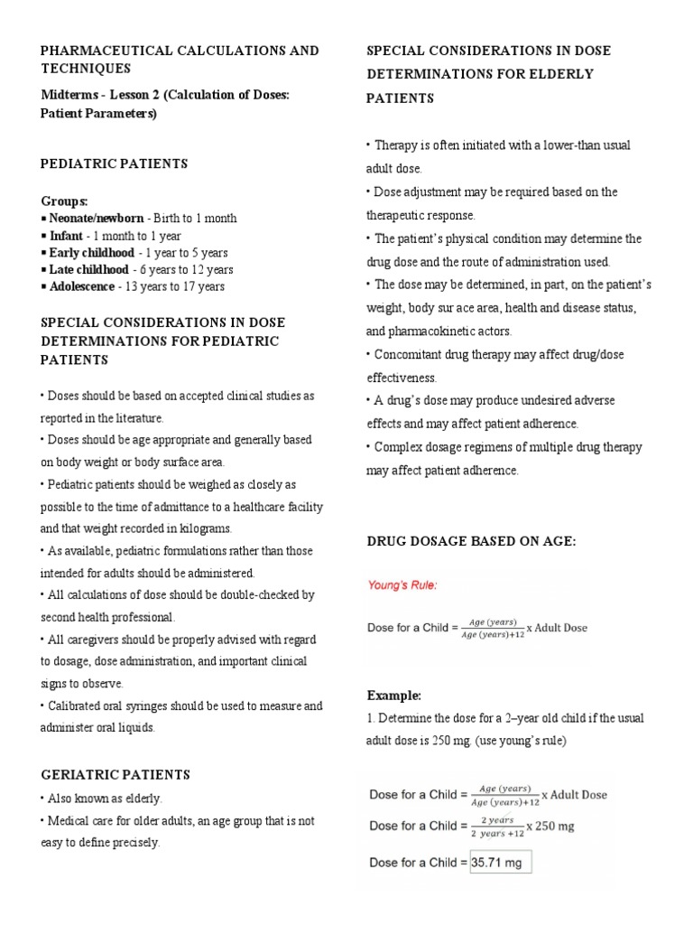PHCL Midterms - Lesson 2 (Calculation of Doses Patient Parameters) | PDF
