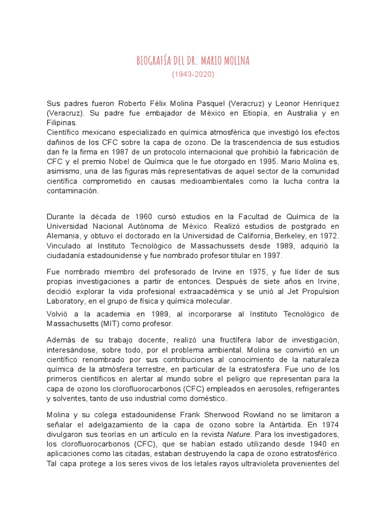 Biografía Del Dr. Mario Molina | PDF | Naturaleza | Química