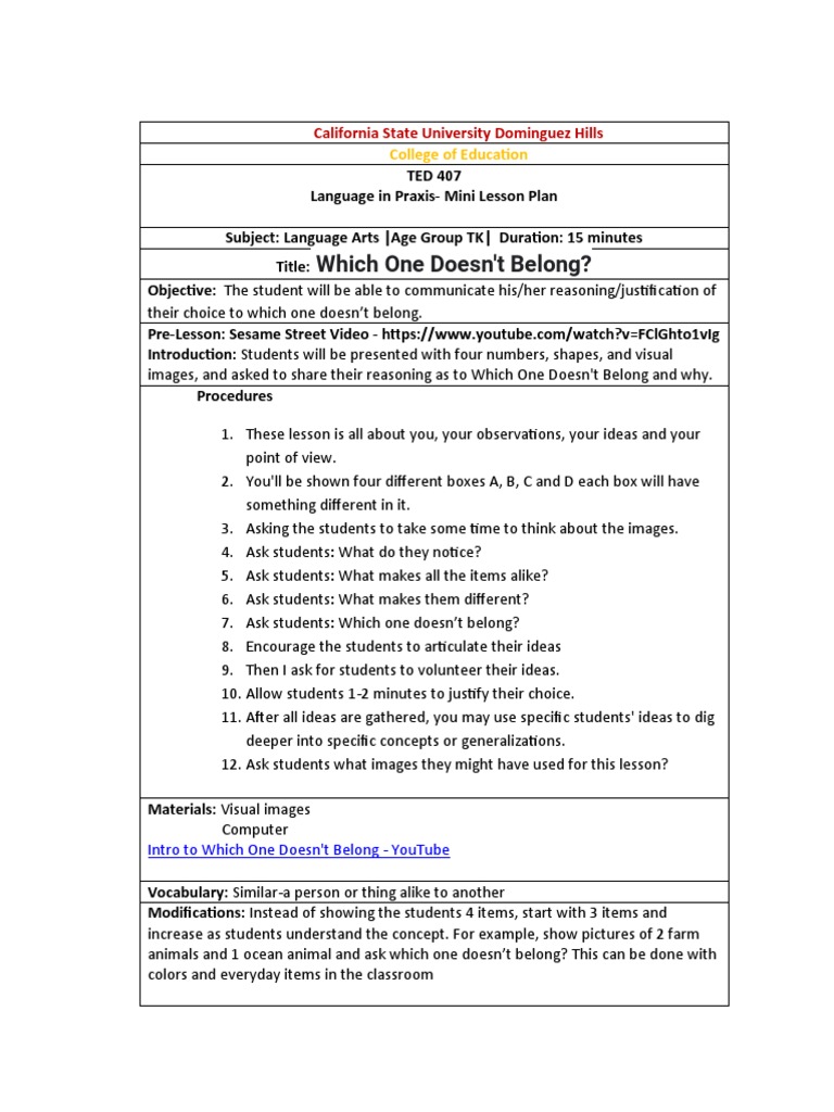 TED 407 Mini Lesson Plan | PDF | Reason | Lesson Plan