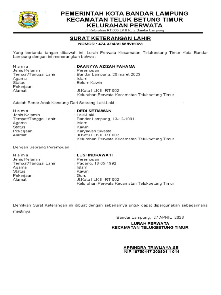 Surat Keterangan Lahir Perwata | PDF